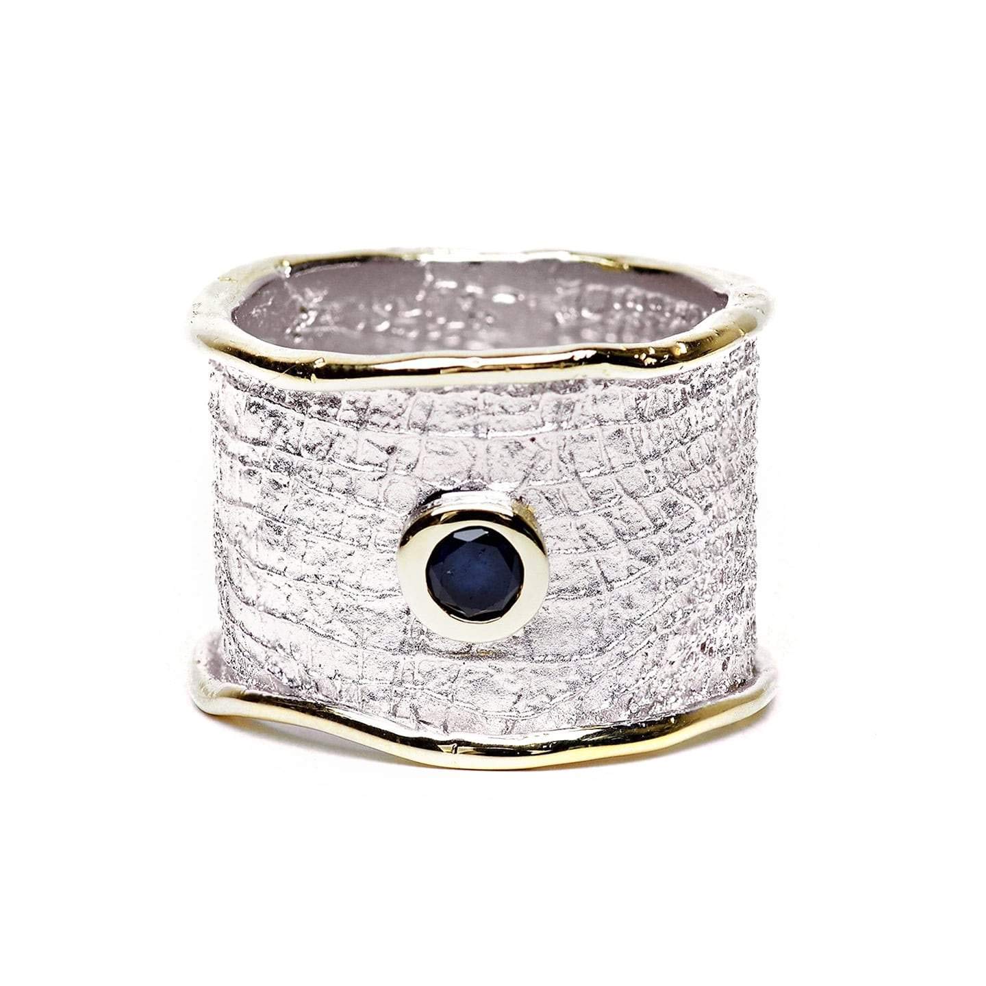 german kabirski 0.25 Carat Blue Sapphire Handmade Barrel Ring in 925 Sterling Silver with Gold and White Rhodium Plating Size 8