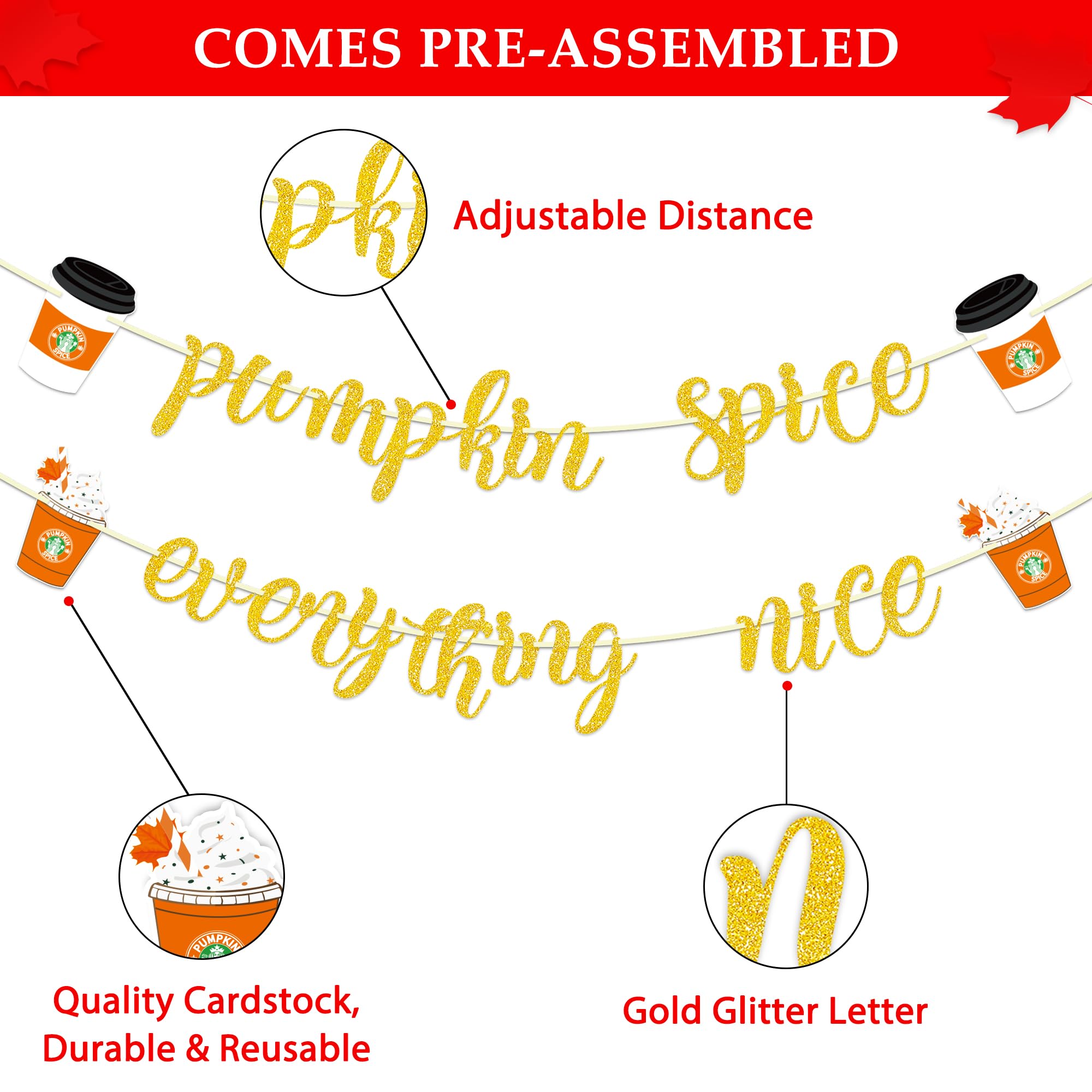Gold Glitter Pumpkin Spice Everything Nice Banner - NO DIY - Fall Thanksgiving Party Decorations, Fall Decorations for Home Mantle Fireplace Wall, Farmhouse Fall Banner with Cups, Fall Harvest Banner