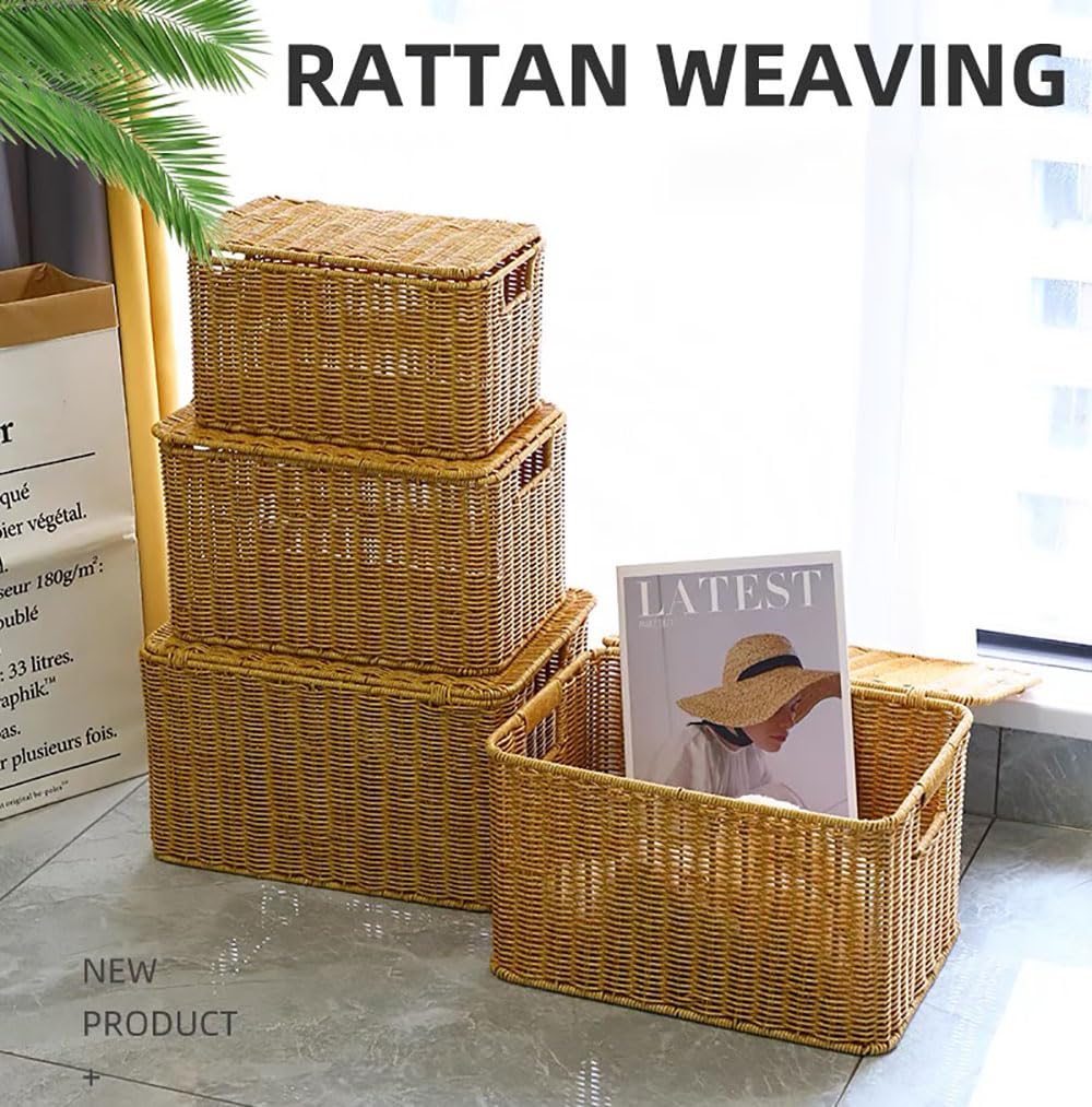RT&BS Set of 3 Wicker Storage Basket with Lid, Handwoven Storage Basket Box - Organizer for Toys Books Fruits Stationery