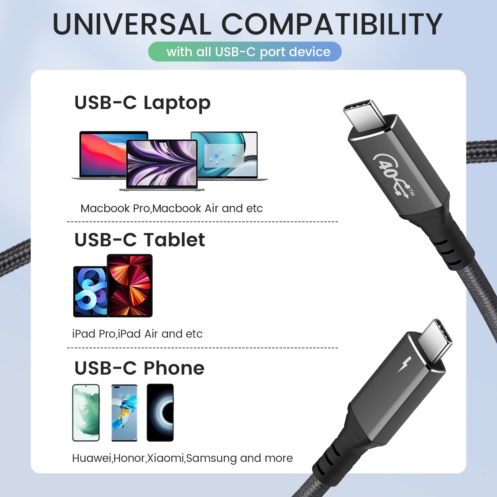 NAMCIM Thunderbolt 4 Cable (6.56 ft), USB4 Cable Support 120W Fast Charging/40Gbps Data Transfer/8K Display, USB C to USB C Cable, Intel Thunderbolt Certified for Type-C MacBooks, iPad Pro,Hub,Docking