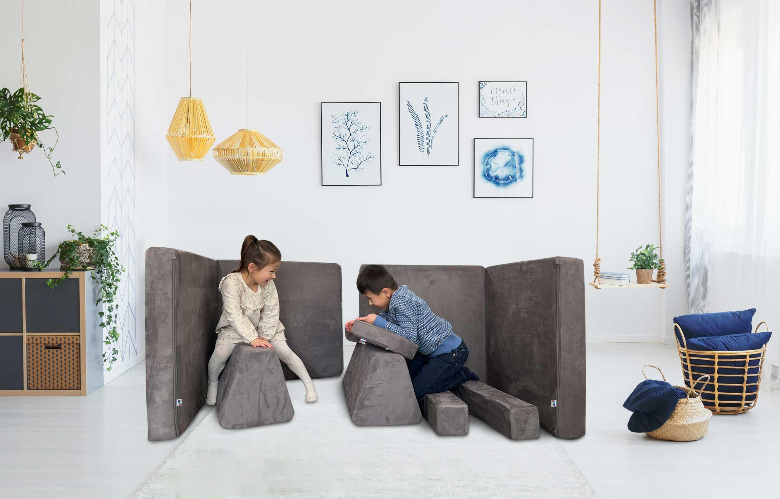 Mod Blox 10 Piece Soft Modular Kids Play Couch for Boys and Girls | Child Sectional Fort Building Sofa for Toddlers Playroom with Microsuede Covers + High Density Convertible Foam Cushions (Dark Gray)