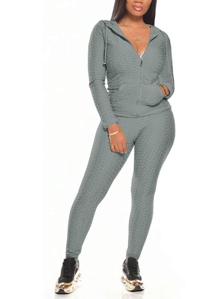 Fitness Exercise Workout Legging Clothes - Long Sleeve Zip Up Fitted Hoodies Top Long Skinny Pants Tracksuit Jogging Suits Grey S