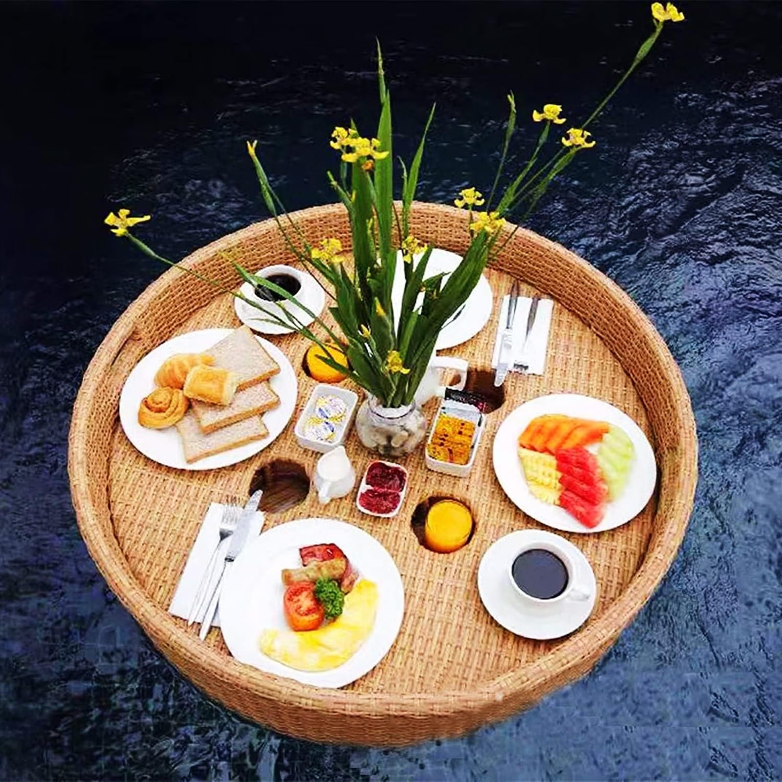 Floating Tray Floating Pool Tray Round Rattan Woven Serving Tray, for Breakfast, Drinks, Snacks, Coffee Table, Home Decorative