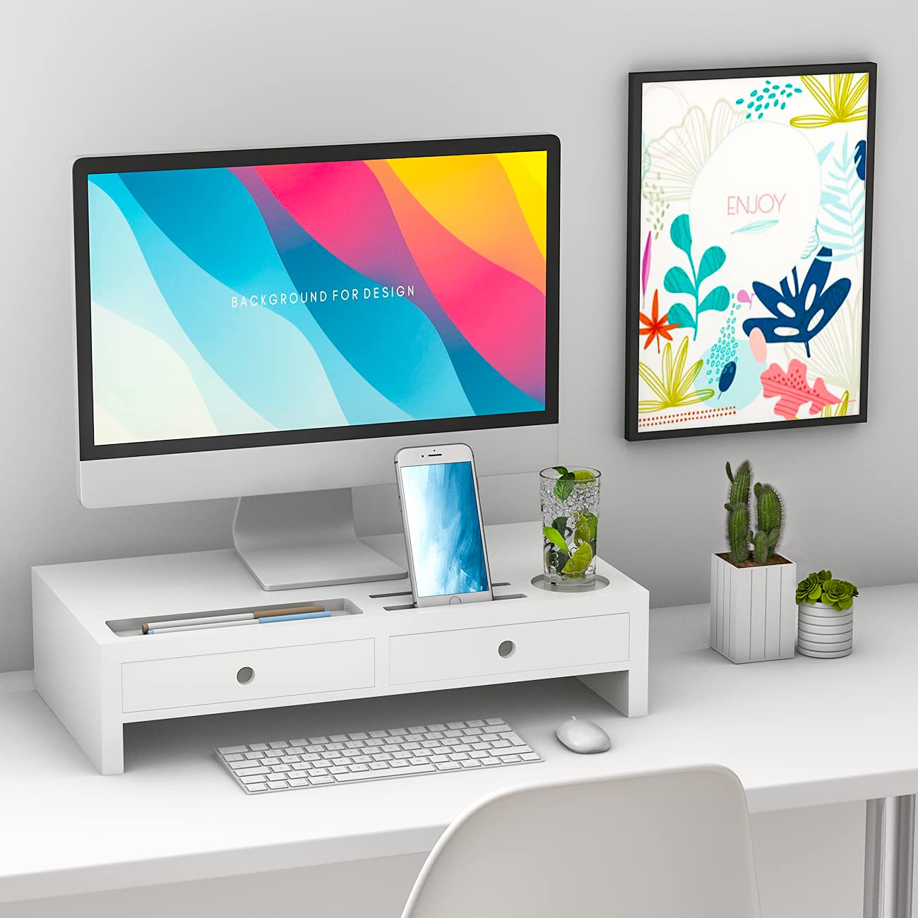 Monitor Stand Riser with Drawer - White Laptop Stand, Bamboo Desktop Shelf Organizer for Computer, TV, Printer, Office Supplies & Accessories with Phone Holder & Cups Slot, No Assembly Needed