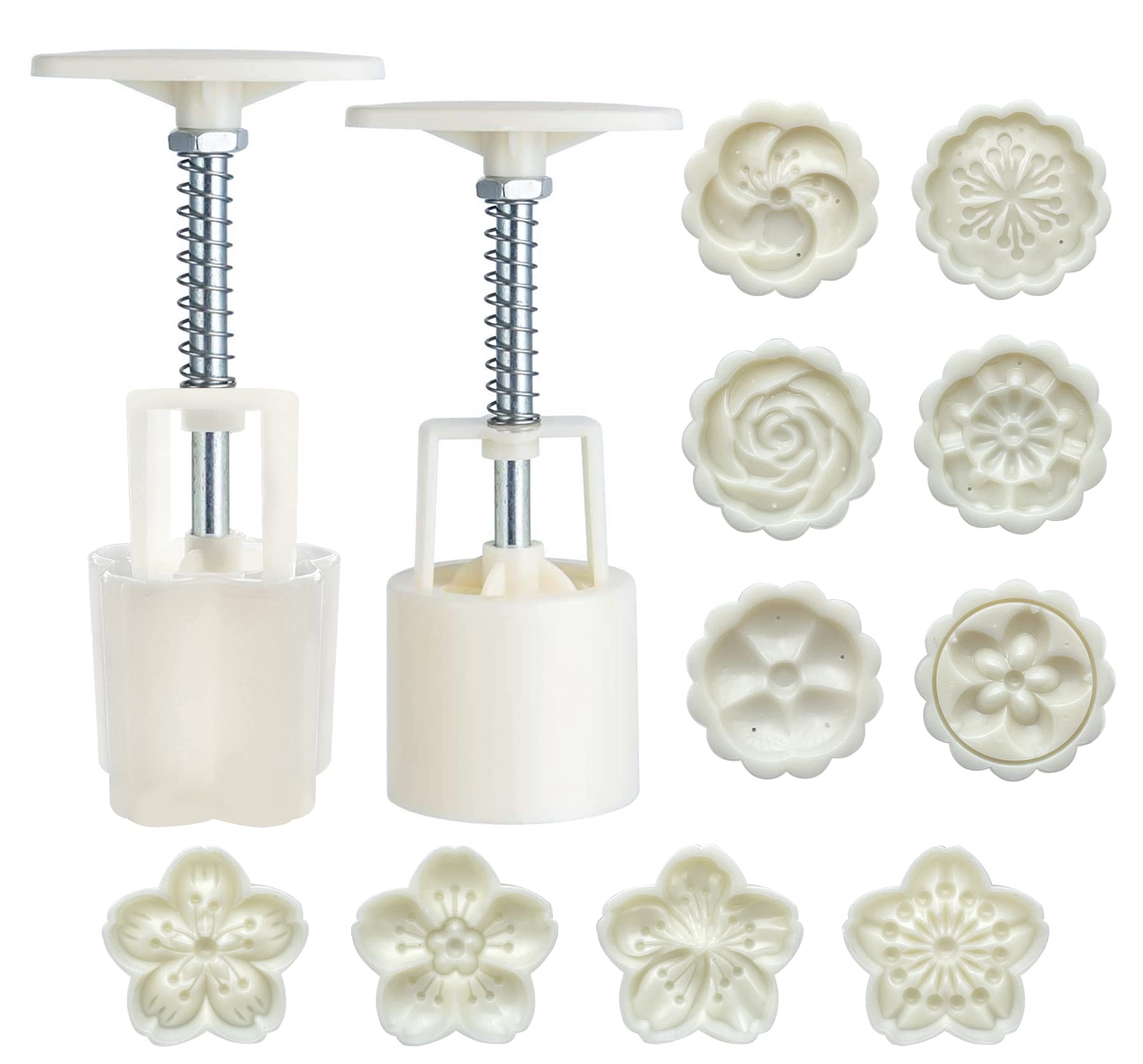 LIUDHPSP Moon Cake Mould Set,Includes 12 pcs Flower pattern base and 2 Pieces Bath Bombs Press,Mid Autumn Festival DIY Hand Press Cookie Stamps Pastry Tool Moon Cake Maker(50g) White (Sakura)