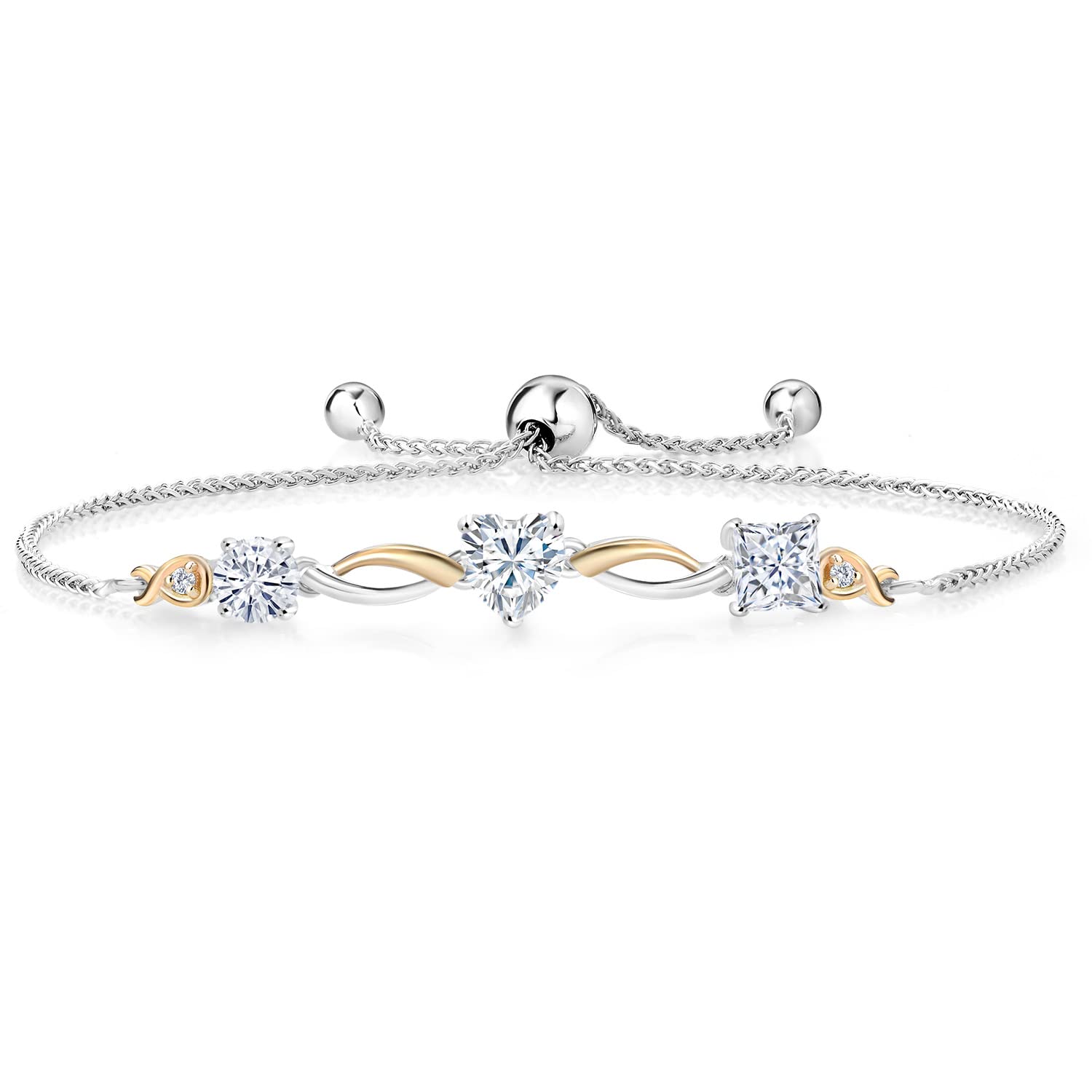 Gem Stone King 925 Silver and 10K Yellow Gold Princess Round and Heart White Moissanite and White Lab Grown Diamond Tennis Bracelet For Women By Keren Hanan (1.72 Cttw, Fully Adjustable Up to 9 Inch)