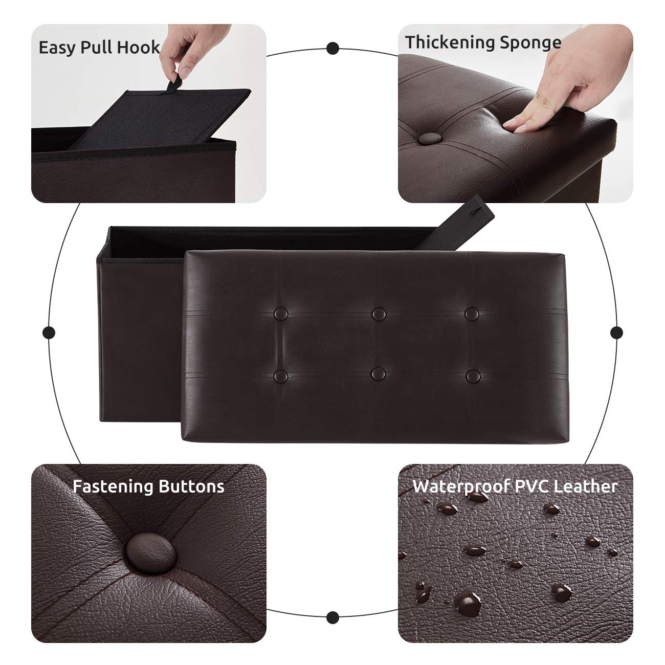 YOUDENOVA 30 inches Folding Storage Ottoman, 85L Storage Ottoman Bench for Living Bedroom and Hallway, Faux Leather Brown Footrest with Foam Padded Seat, Support 350lbs