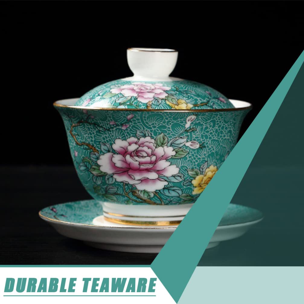 FOMIYES Chinese Porcelain Teacups Gaiwan Poney Flower Tureen Tradition Sancai Cover Bowl Lip Cup Saucer Tea Set Loose Tea Blooming