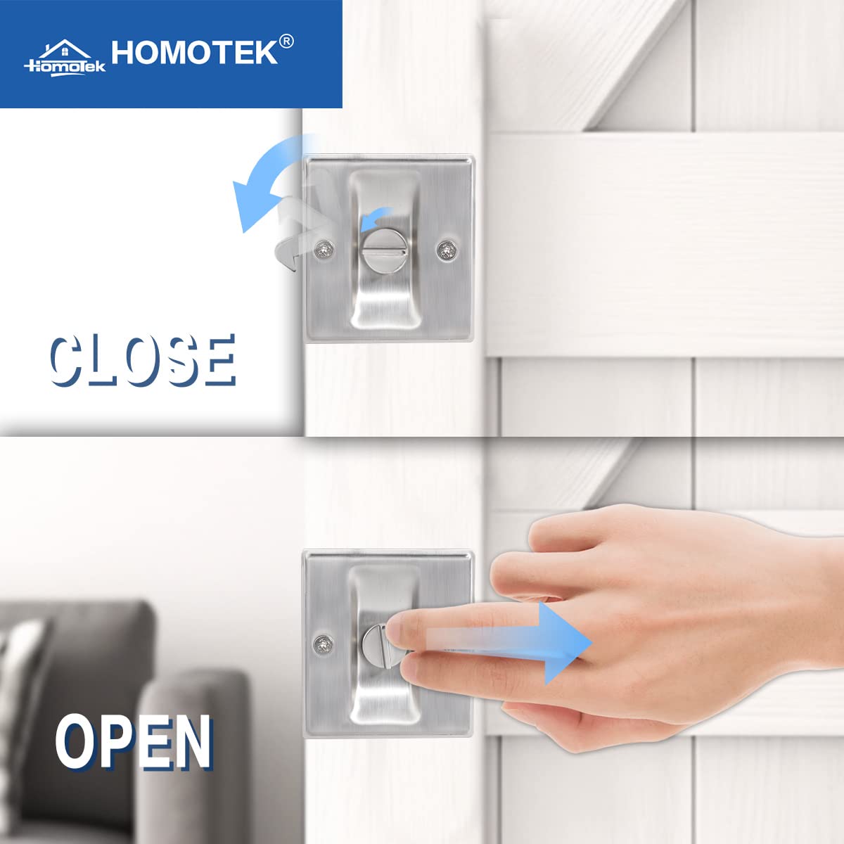 HOMOTEK 2 Pack Privacy Pocket Door Lock Hardware with Pull - Replace Old Or Damaged Sliding Door Locks Quickly and Easily, 2-3/4”x2-1/2”, for 1-3/8” Thickness Door, Brushed Nickel