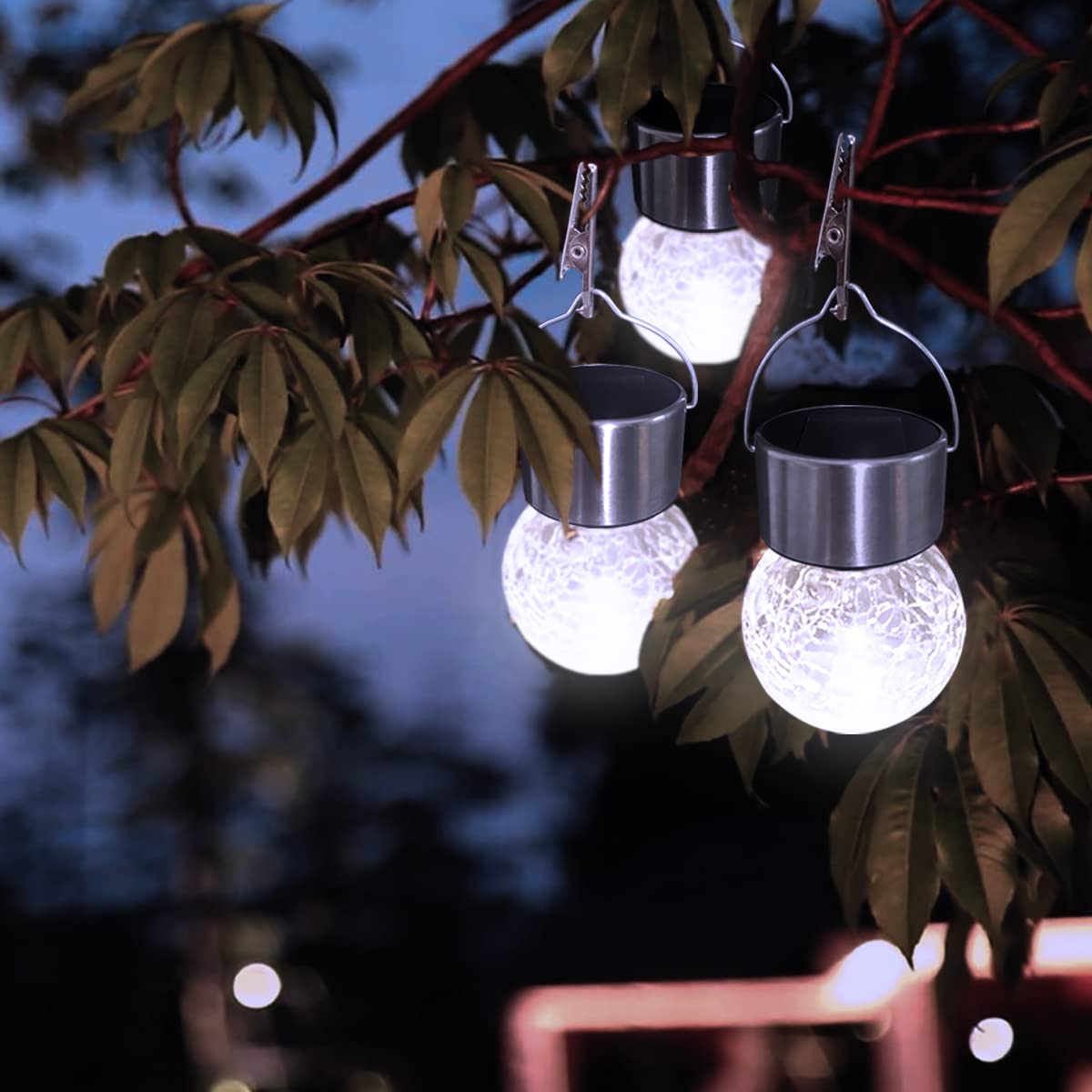 Enee ELee 12 Pack Hanging Solar Lights Outdoor Cracked Glass Ball Light Solar Powered Waterproof Outside Globe Lighting with Clips for Garden Yard Patio Trees Fence Decorations(Cool White)