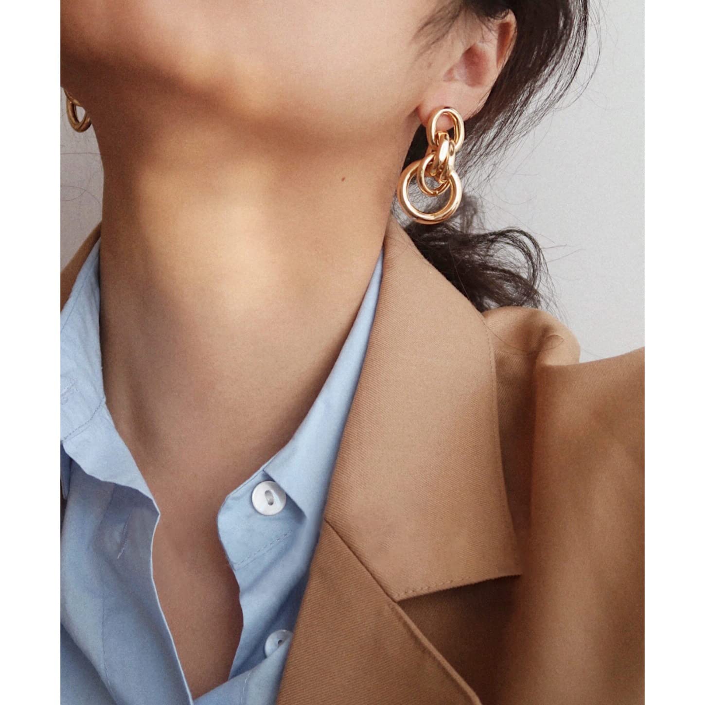 Gold Statement Earrings - Large Geometric Circle Hoop Link Chunky 14K Gold Plated Statement Dangle Earrings for Women Jewelry Gifts (Gold)