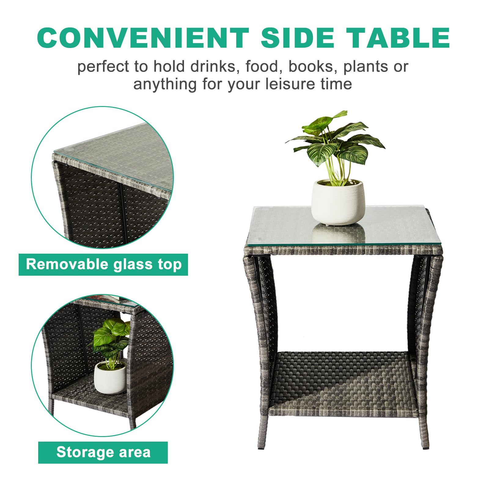 VINGLI Outdoor Wicker Side Table Patio Side Tables for Outside, Tempered Glass Top Wicker Table with Storage End Table for Balcony Porch Deck (Grey)
