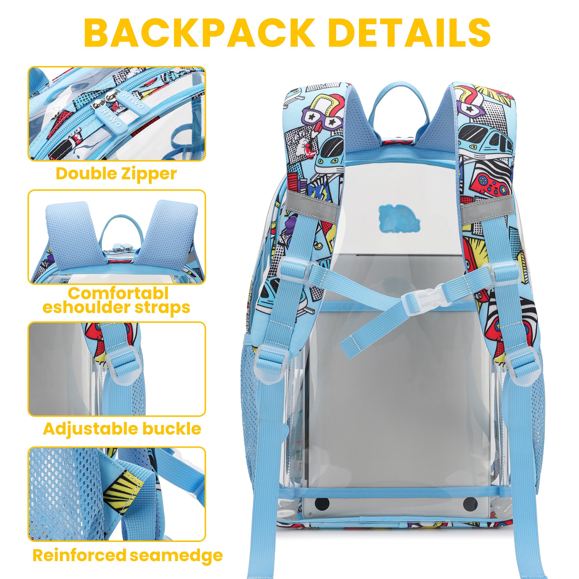 HTWO Clear Backpack For Girls Clear Book Bag Stadium Approved PVC Upgrade Backpacks For School Heavy Duty With Pendant (Dark Blue)