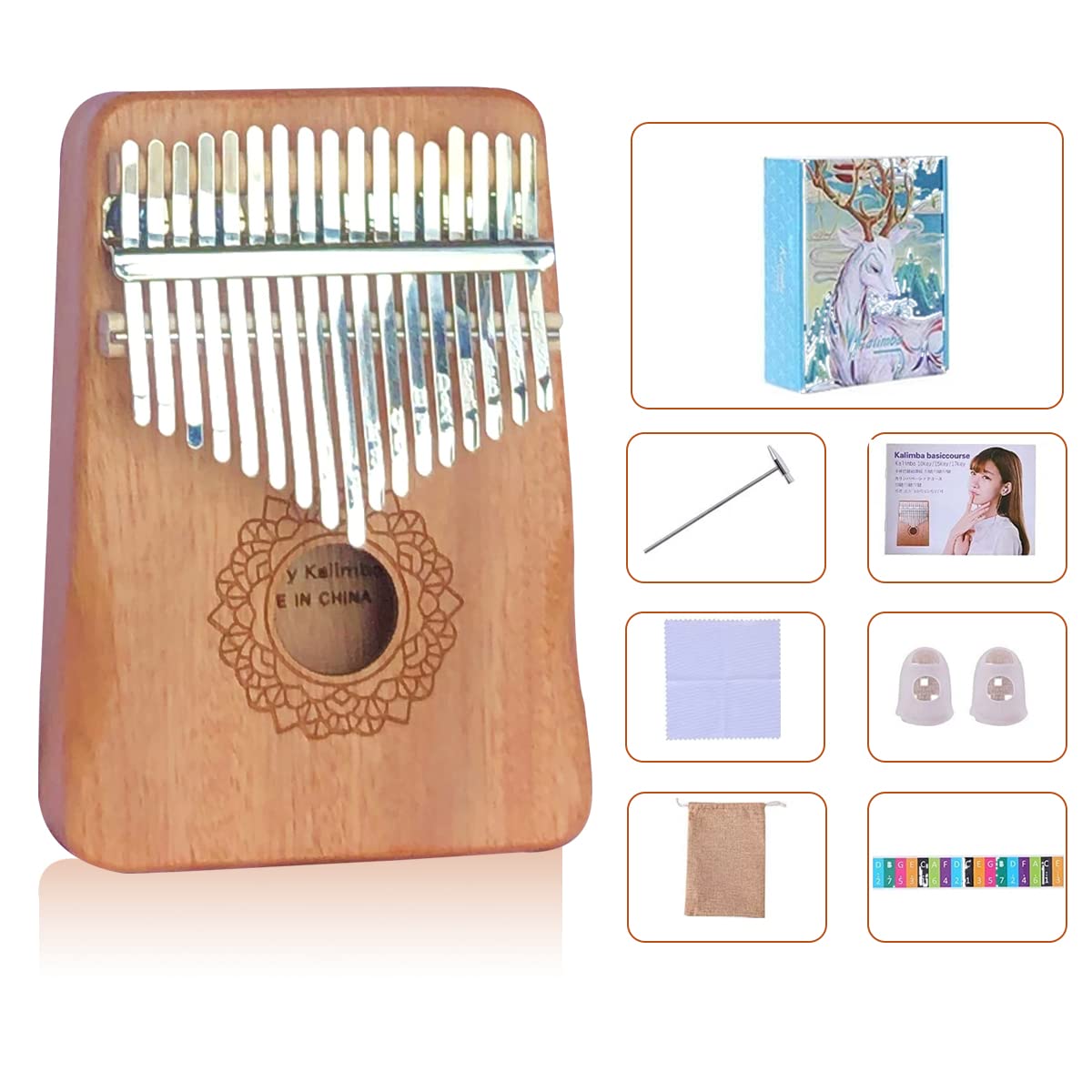 Kalimba Thumb Piano 17-Key Solid Wood Portable Instrument, Suitable for Children and Adults, from Beginners to Professionals (Disc Blossom log color)