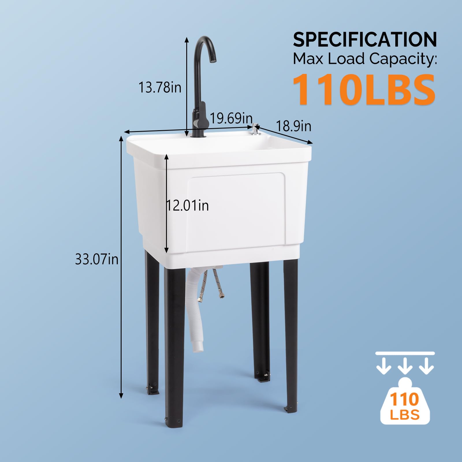 VINGLI Utility Sink Laundry Tub for Washing Room, Freestanding Utility Sink with Stainless Steel Faucet, (White, 19.7"W x 18.9"D x 33"H)