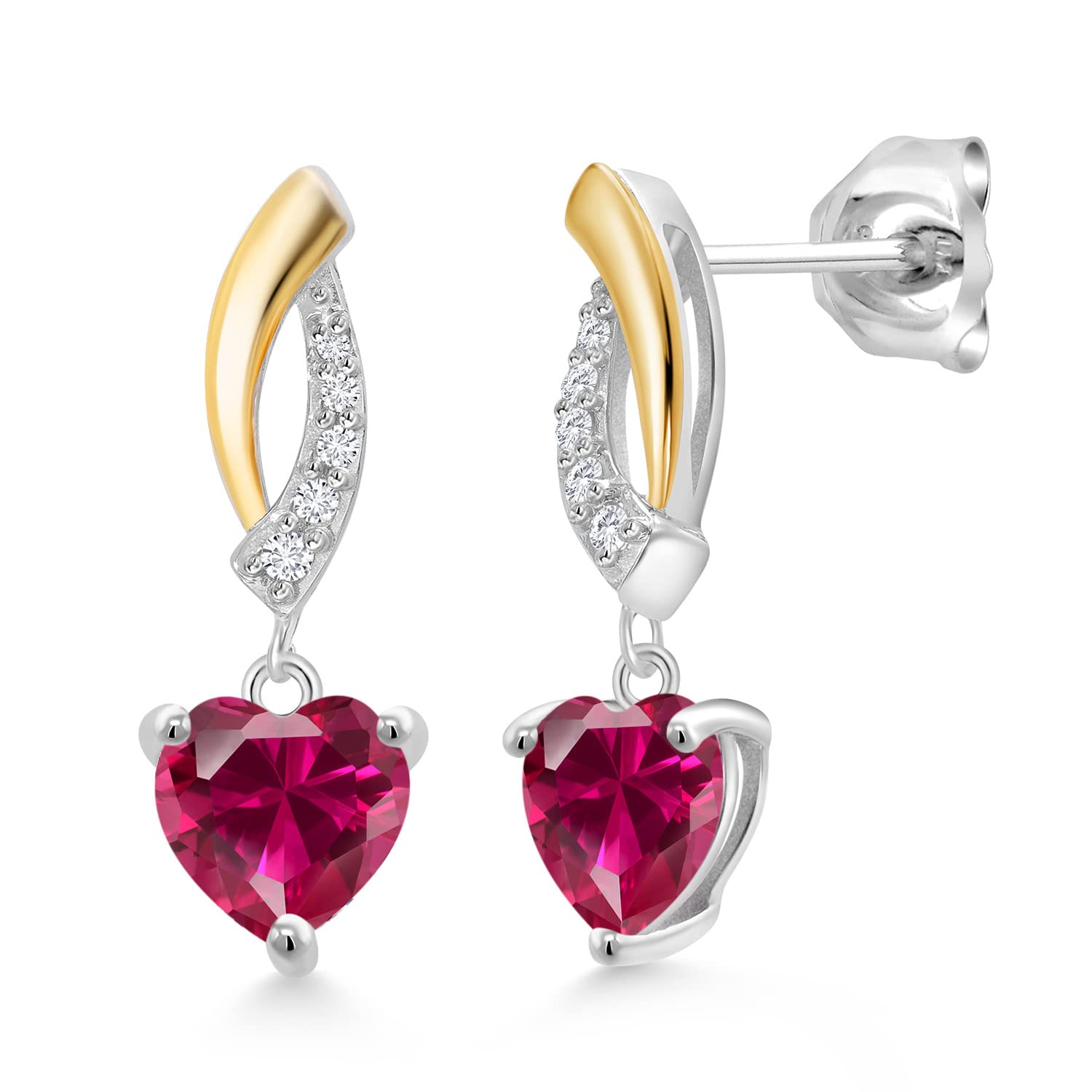 Gem Stone King 925 Sterling Silver and 10K Yellow Gold Red Created Ruby and White Lab Grown Diamond Dangle Earrings For Women By Keren Hanan (1.99 Cttw, Heart Shape 6MM)