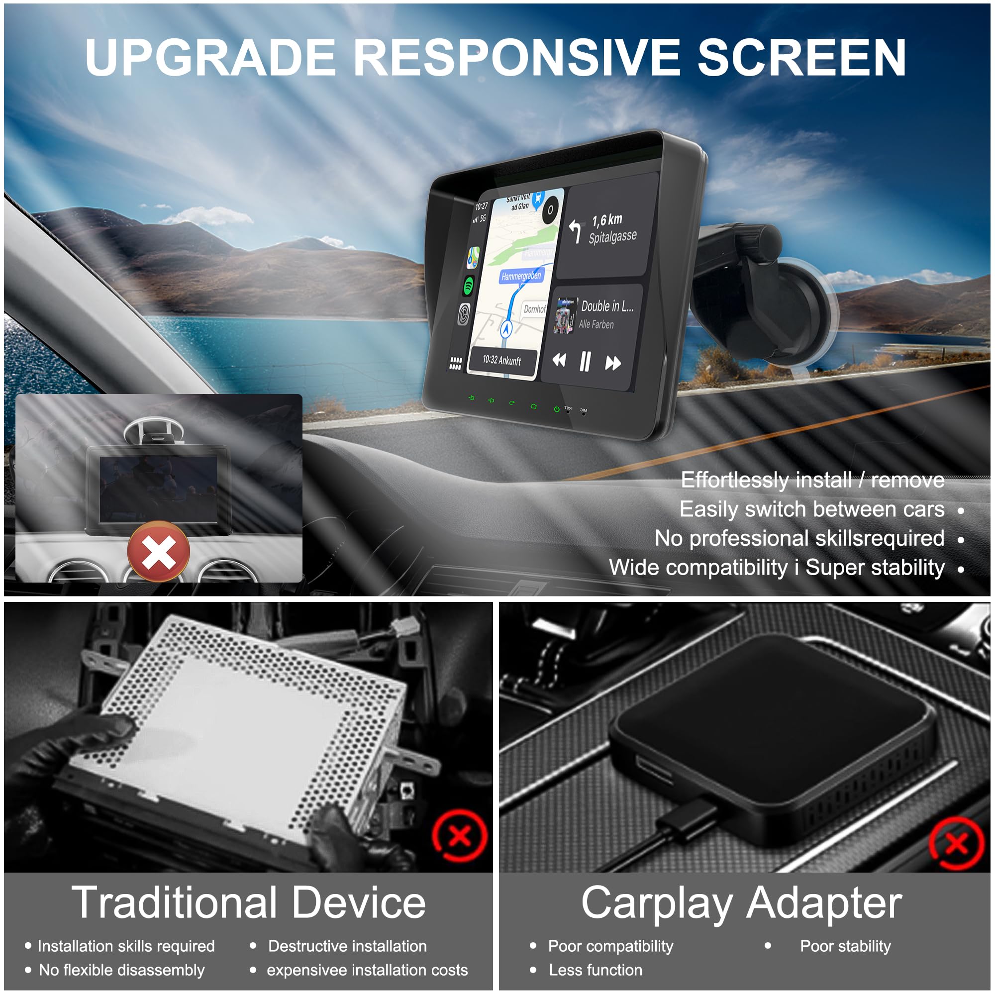 EZHOLF Portable Wireless Carplay Car Stereo with Backup Camera-7" HD IPS Screen, Android Auto, Mirror Link,Siri, Google Assistant, Bluetooth, GPS Navigation Head Unit, Car Radio Receiver, Auto Connect