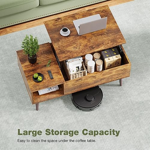OLIXIS Modern Coffee Table Wooden Furniture with Lifting Tabletop, Storage Shelf and Hidden Compartment for Living Room Office, Rust Brown