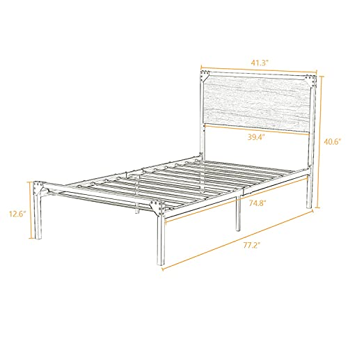 SHA CERLIN Twin Size Metal Platform Bed Frame with Wood Headboard, Mattress Foundation with Heavy Duty Metal Slats Support, No Box Spring Needed, Easy Assembly