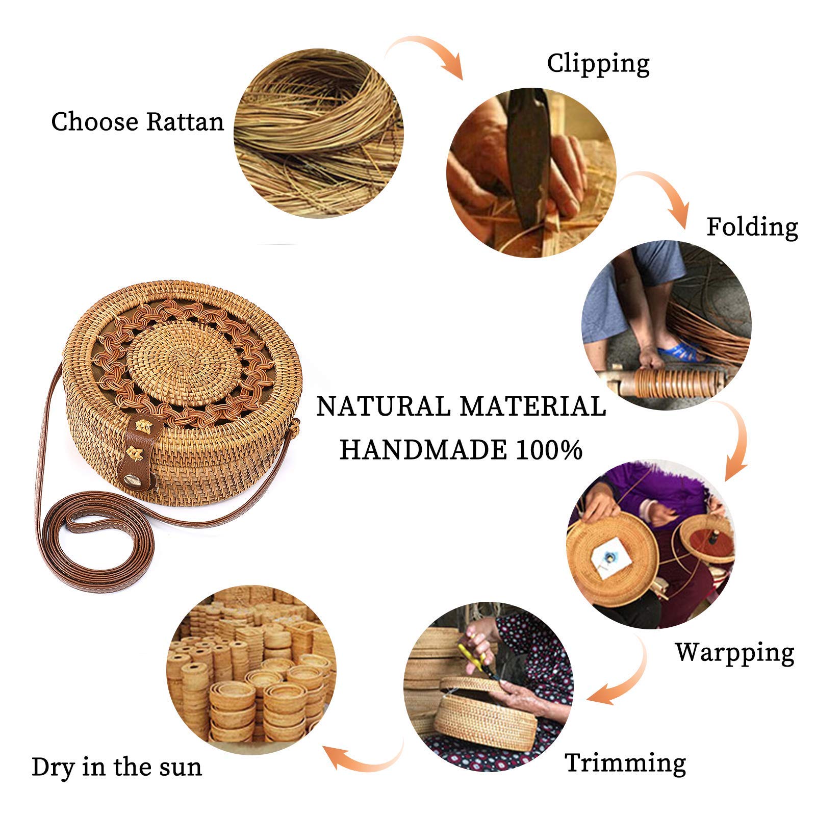 ENMAIN Round Rattan Bag for Women Straw Bag Handwoven Beach Bohemian Shoulder Purse