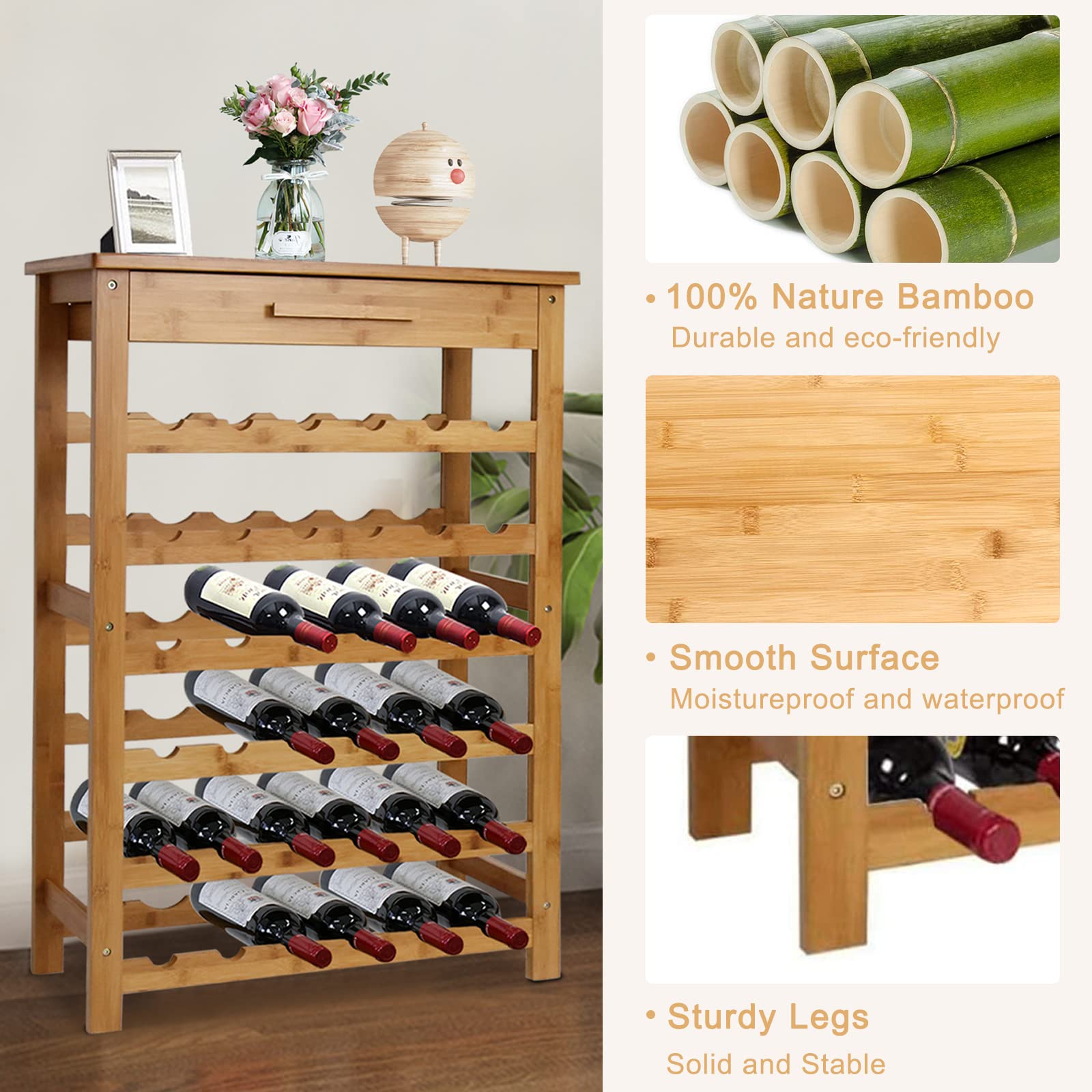 J-SUN-7 7-Tiers Bamboo Freestanding Wine Racks - Storage Shelves for Display 28 Bottles of Wine Containers