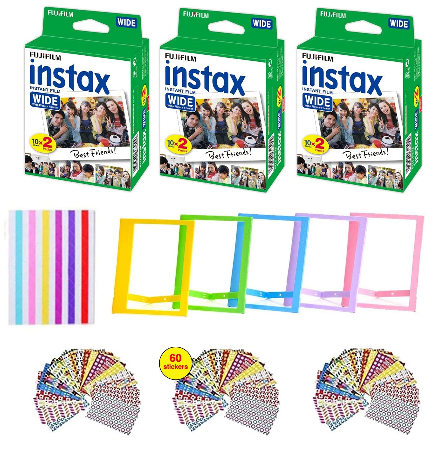 Fujifilm Instax Wide Instant Film (2 Packs, 40 Sheets) 5 Plastic Desk Frames + 60 Sticker Frames + 1 Pack Corner Stickers
