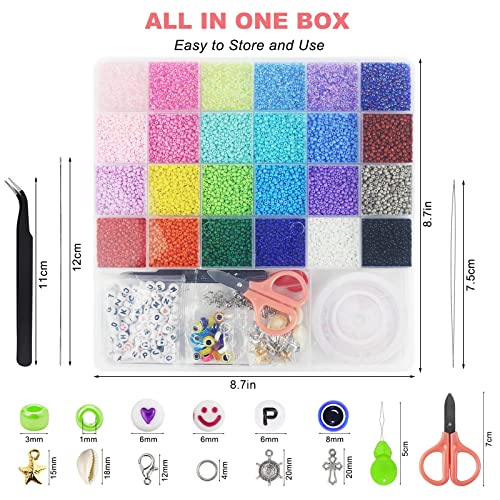 Redtwo 8000pcs 3mm Glass Seed Beads for Bracelet Making Kit, Small Beads Friendship Jewelry Making Kit, Tiny Waist Beads Kit with Letter Beads and Elastic String, DIY Art Craft Girls Gifts