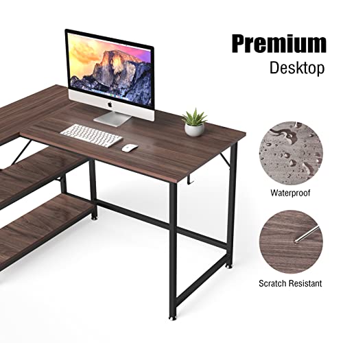 SunyesYo L Shaped Computer Desk 47 in - Small Office Home Gaming Desk with Storage Shelves - Study Writing Corner Table, Reversible Sturdy Workstation, Work PC Desk, Brown