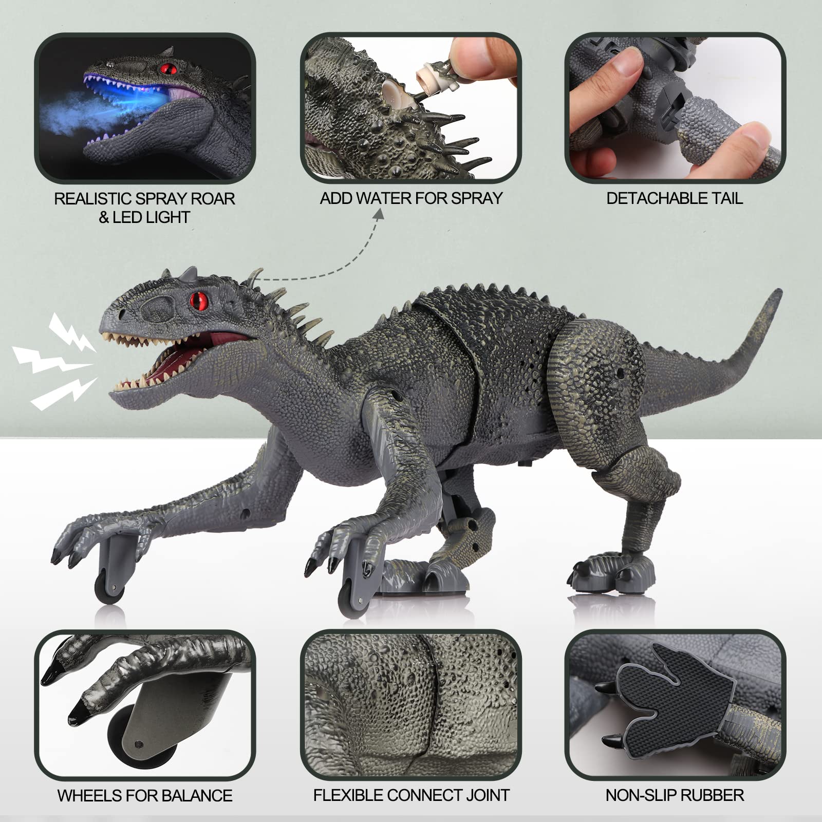 Hot Bee Big Dinosaur Toy for Kids, 18.6in Big Robot Dinosaur Simulation Action Figure with Mist Spray, Chomping Mouth, LED Light and Roaring Sounds