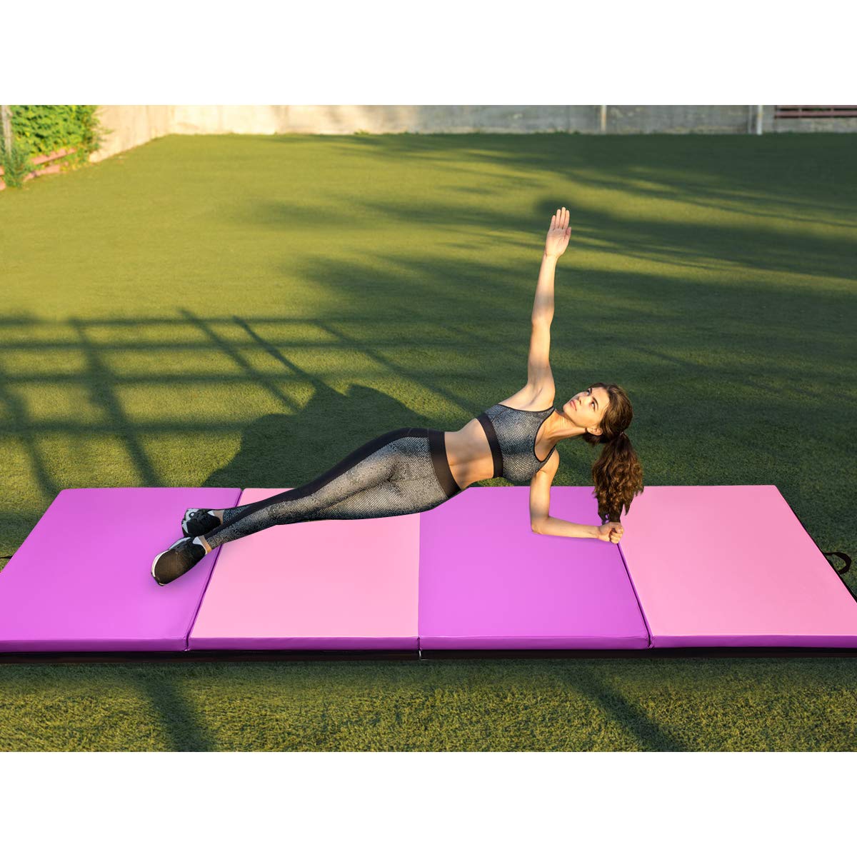 GYMAX Exercise Mat, 4'x10'x2 Tri-Folding Thick Tumbling Mat with Carrying Handles for MMA, Gymnastics, Stretching, Yoga, Cheerleading, Home Gym (Purple+Rose)
