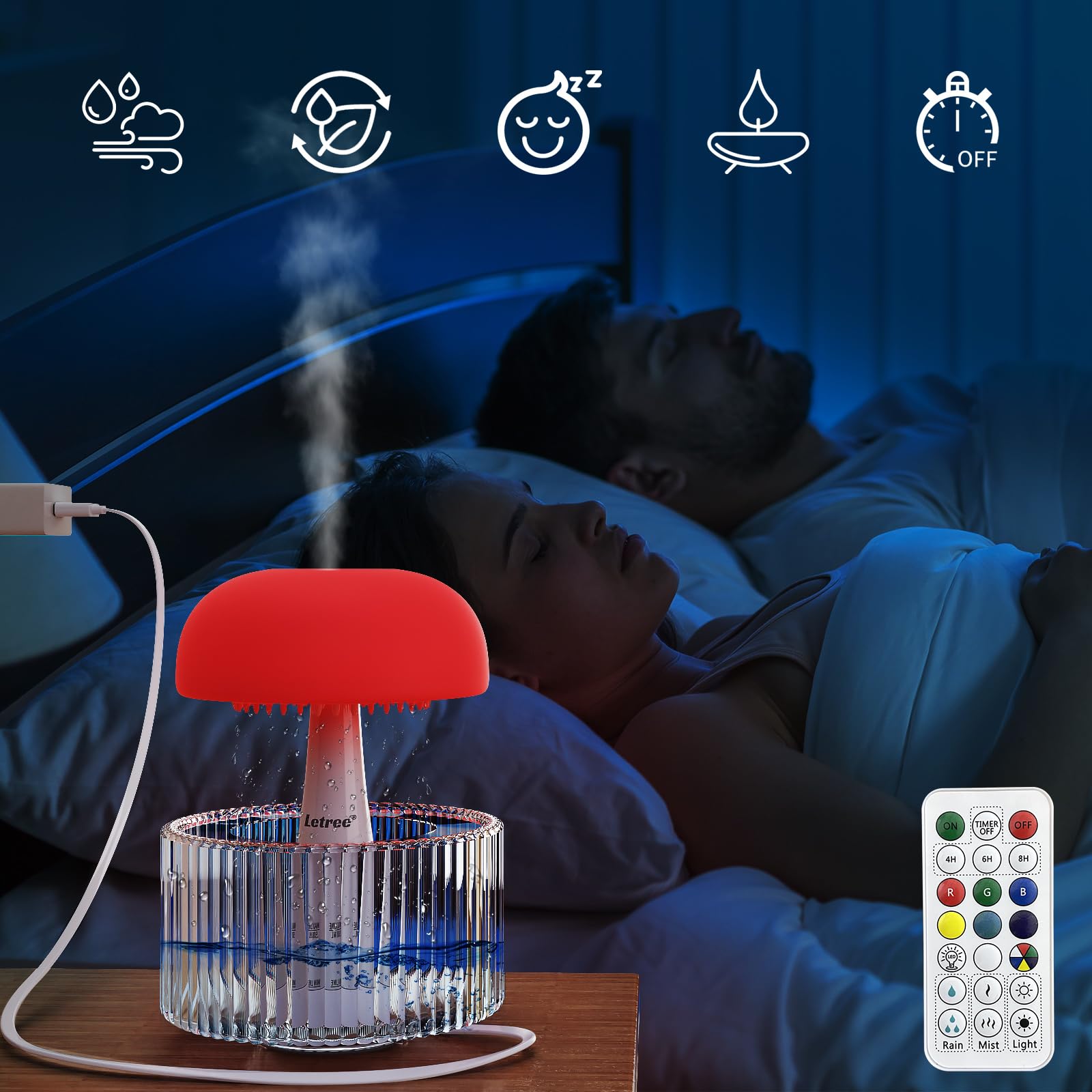 Letree Rain Cloud Humidifier Diffuser Water Drip Air Humidifiers Mushroom Waterfall Lamp Humidifier Rain Drop Sounds White Noise Remote Aromatherapy Essential Oil Diffuser for Bedroom Home