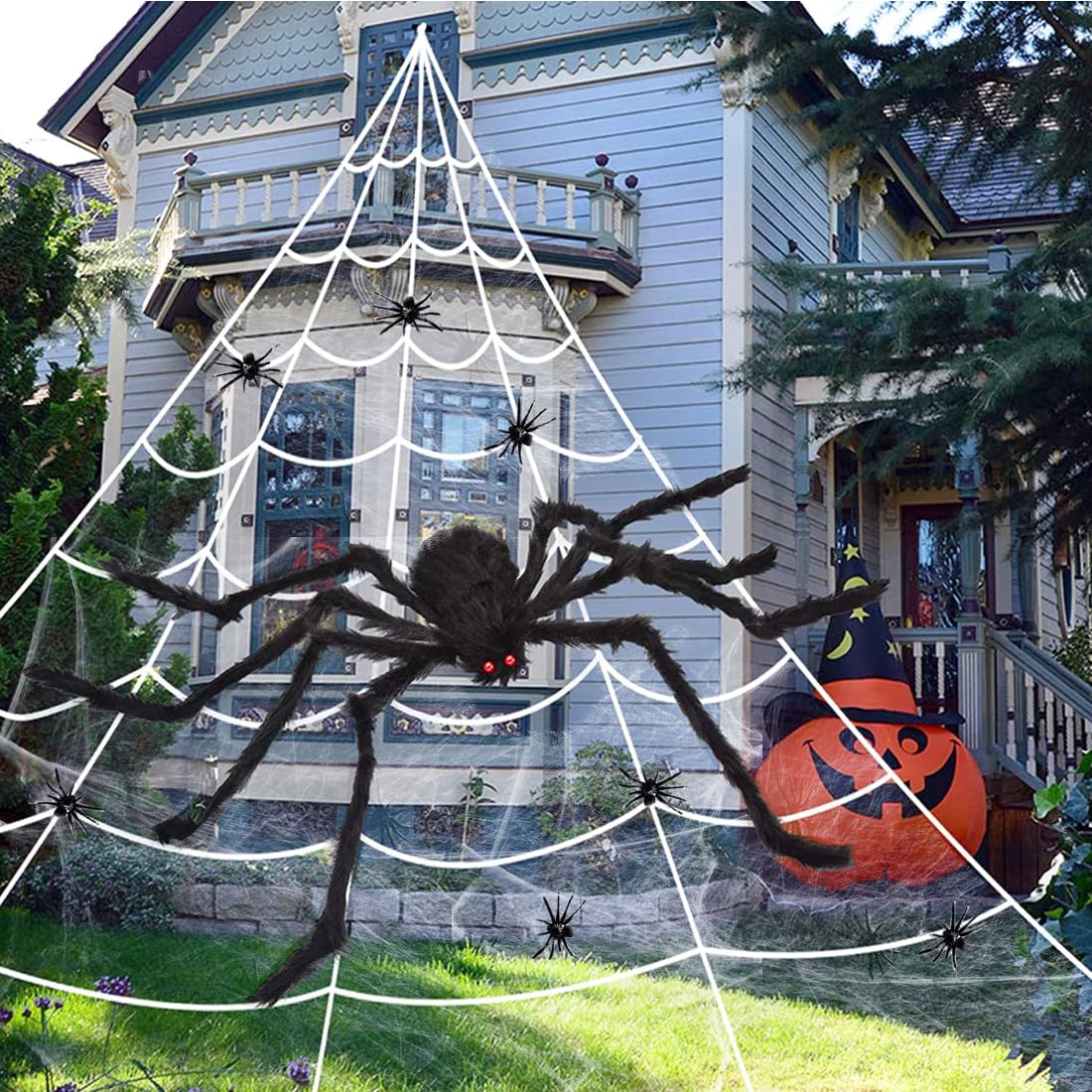Flyowl Spider Web Halloween Decorations,236" Spider Web+ 50" Giant Spider Decorations Fake Spider with Triangular Huge Spider Web for Indoor Outdoor Halloween Decorations Yard Home Haunted House Decor