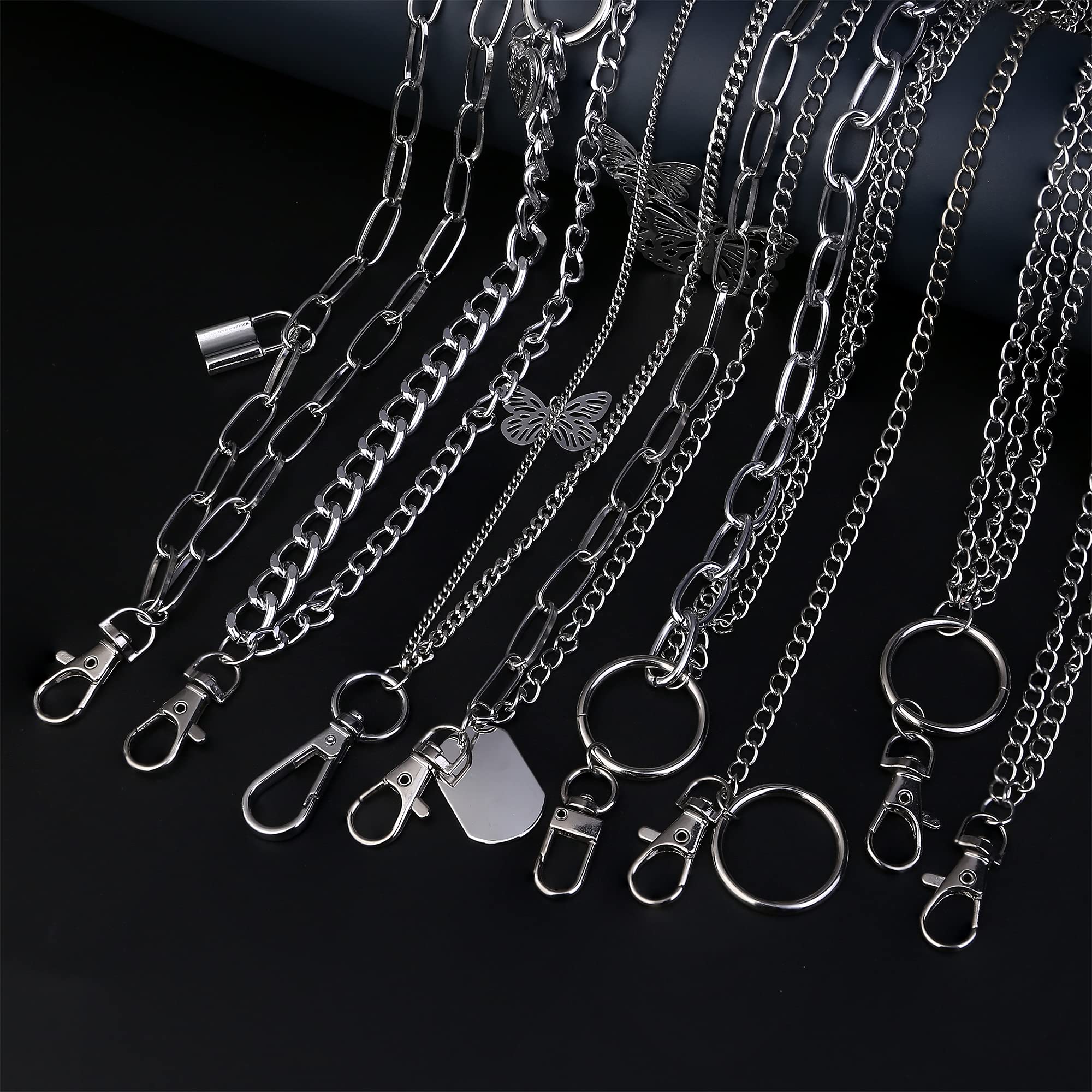 FIBO STEEL 8 Pcs Pants Chain Jean Chain for Women Multi Layer Goth Punk Chains for Belt Wallet Pocket Silver Biker Hip Hop Trousers Chain with Butterfly Pendant