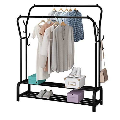 UDEAR Garment Rack Freestanding Hanger Double Rods Multi-functional Bedroom Clothing Rack, Double layer ,4 Hooks,Black