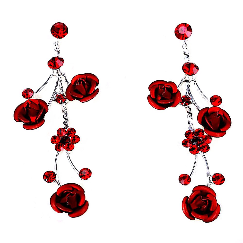 Faceted Metal Rose & Crystal Rhinestone Necklace & Earring set for Bridal, prom (Red)