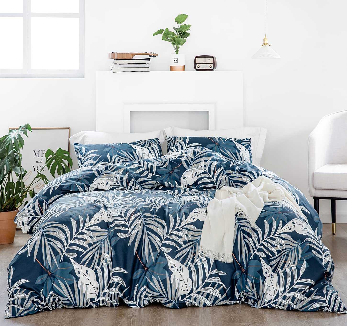 YuHeGuoJi Tropical Duvet Cover King 100% Cotton Blue Botanical Duvet Cover Soft 3 Pcs Set 1 Palm Leaves Plant Print Duvet Cover with Zipper 2 Pillowcases Botanical Bedding Breathable Comfortable