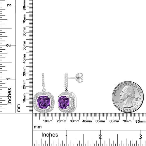 Gem Stone King 925 Sterling Silver Purple Amethyst and White Moissanite Dangle Earrings For Women (4.91 Cttw, Gemstone Birthstone, Cushion 8MM)