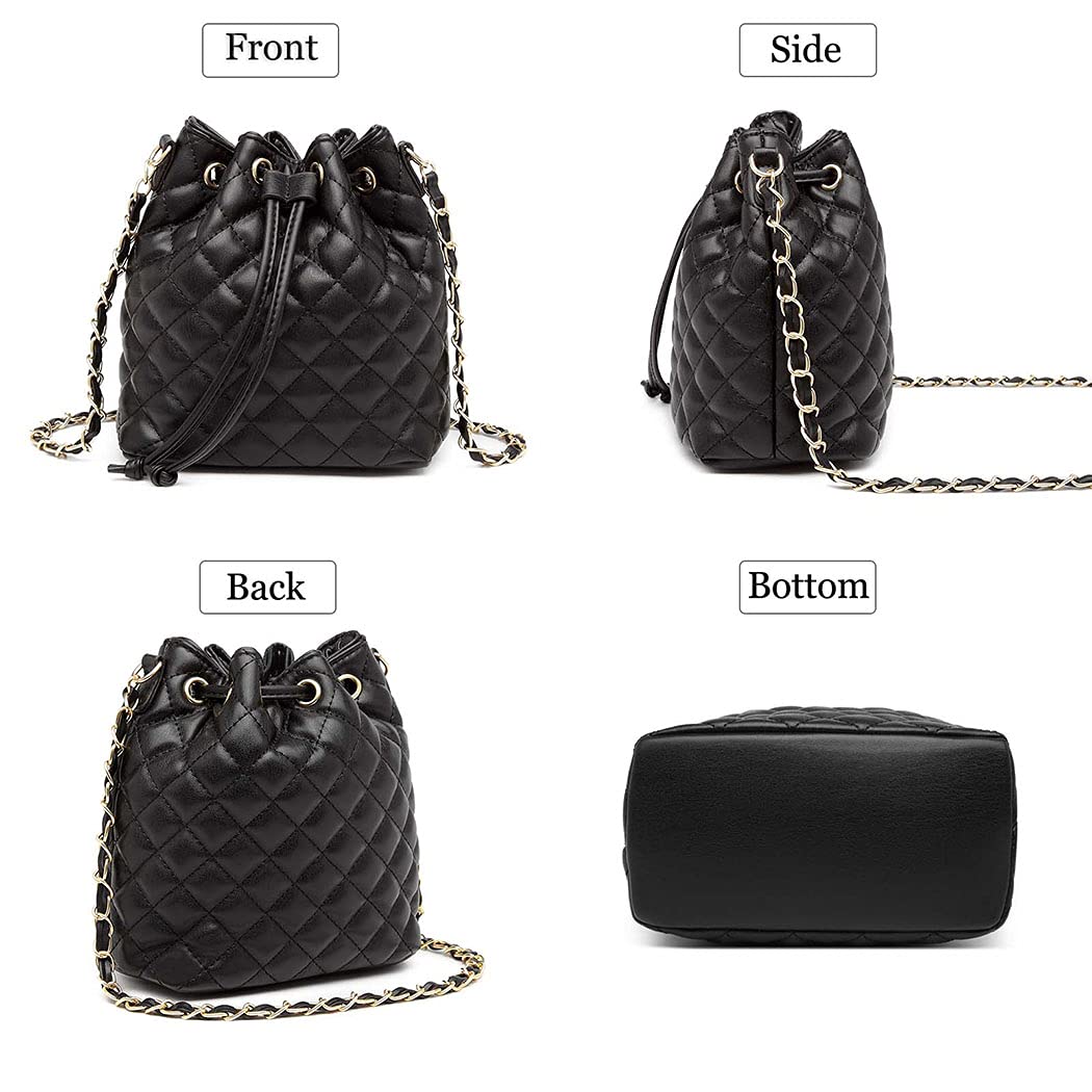 MCK Quilted Bucket Crossbody Bag and Purse for Women Drawstring Soft Vegan Leather Shoulder Bags (Medium to Small Size)