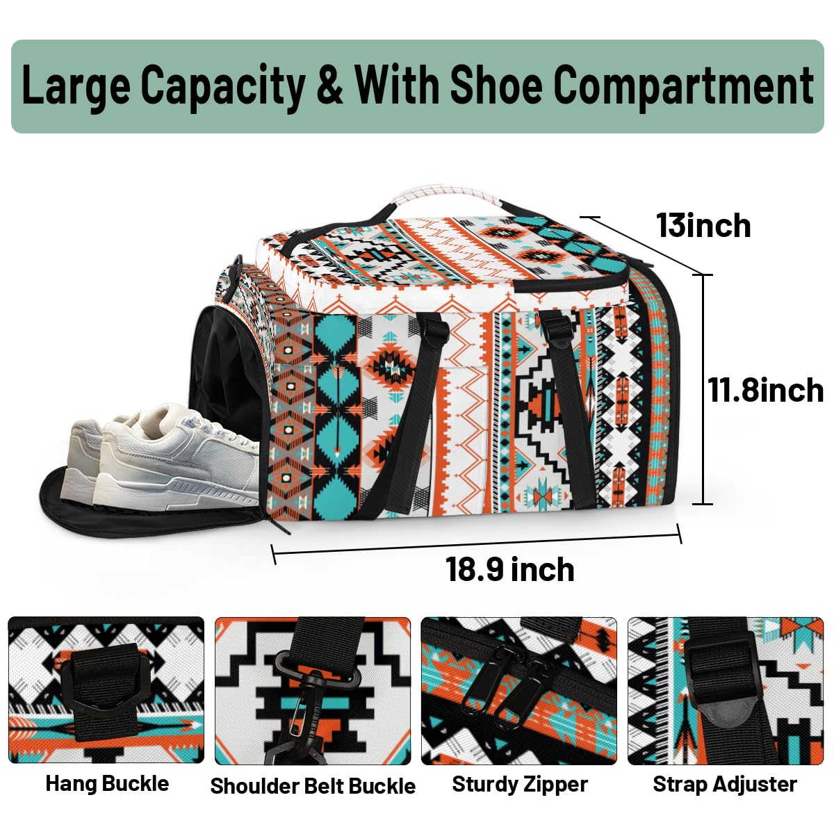 Ethnic Aztec Geometric Gym Duffle Bag Backpack Waterproof with Shoes Compartment Travel Sling Bag Casual Daypack for Men and Women Shoulder Weekender Overnight Bag