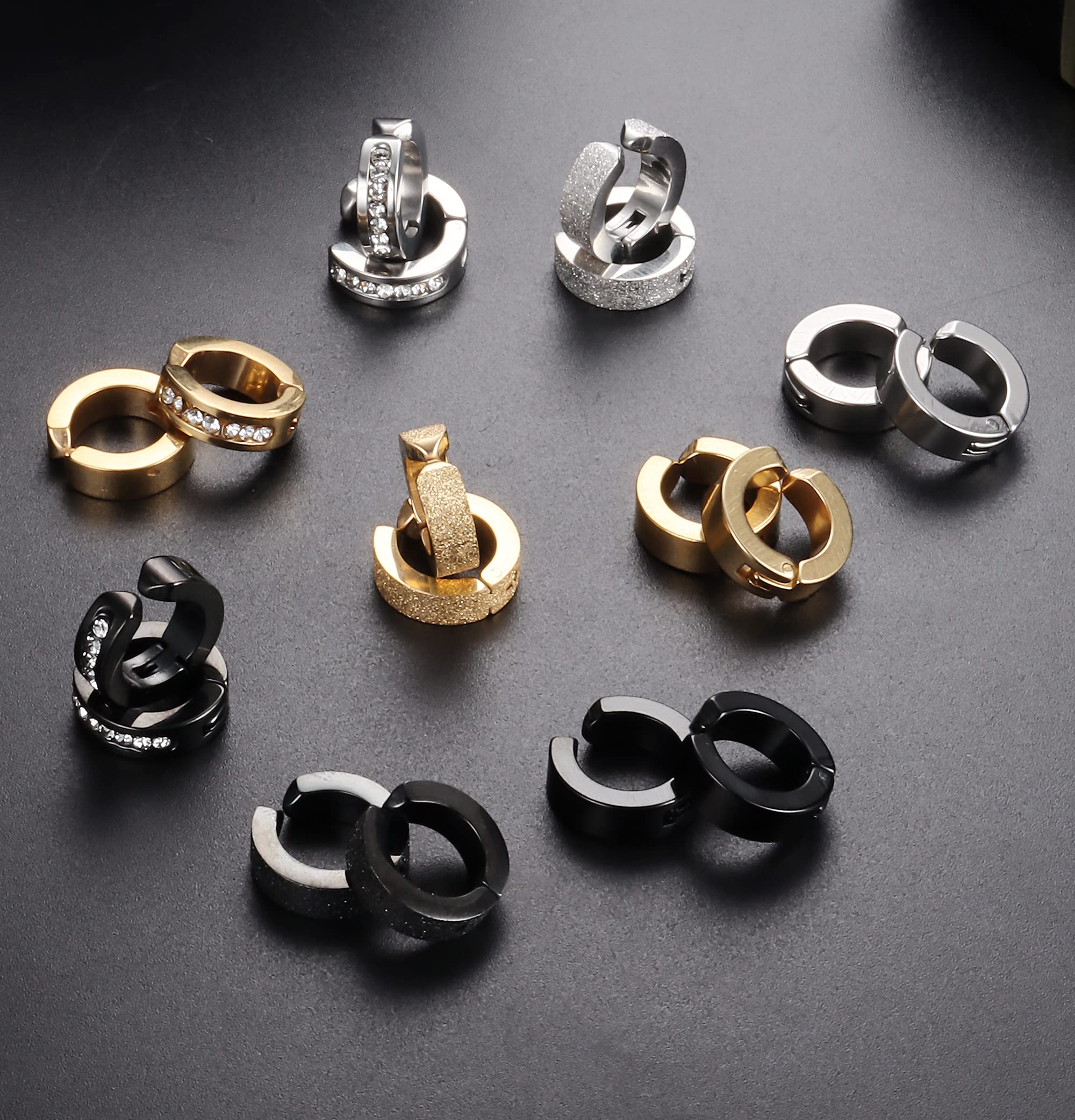 FIBO STEEL 9 Pairs Non-Piercing Earrings Stainless Steel Clip On Hoop Earrings For Men Women Paved CZ Ear Clip