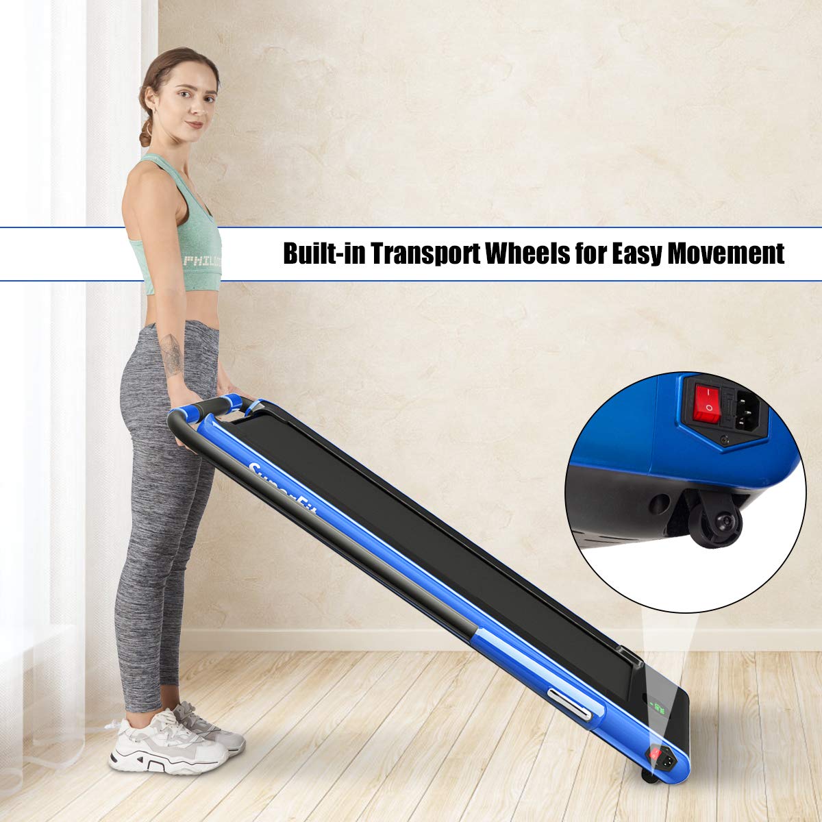 GYMAX Walking Pad, 2 in 1 Free Installation Under Desk Treadmill with Smart App, Remote Control & LED Display, 2.25HP Foldable Portable Compact Running Machine for Small Spaces Home Office (Navy)