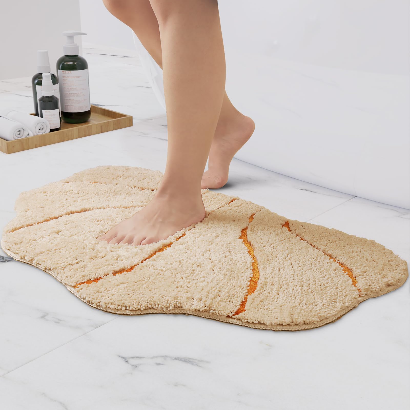 ECHTEYUN Seashell Bathroom Mat, Super Absorbent & Quick-Drying Rug, Non-Slip Backing, Plush Comfort High-Density Rug, Machine Washable, Seashell Shaped Rug, 29.5x17 (Brown/Tan)