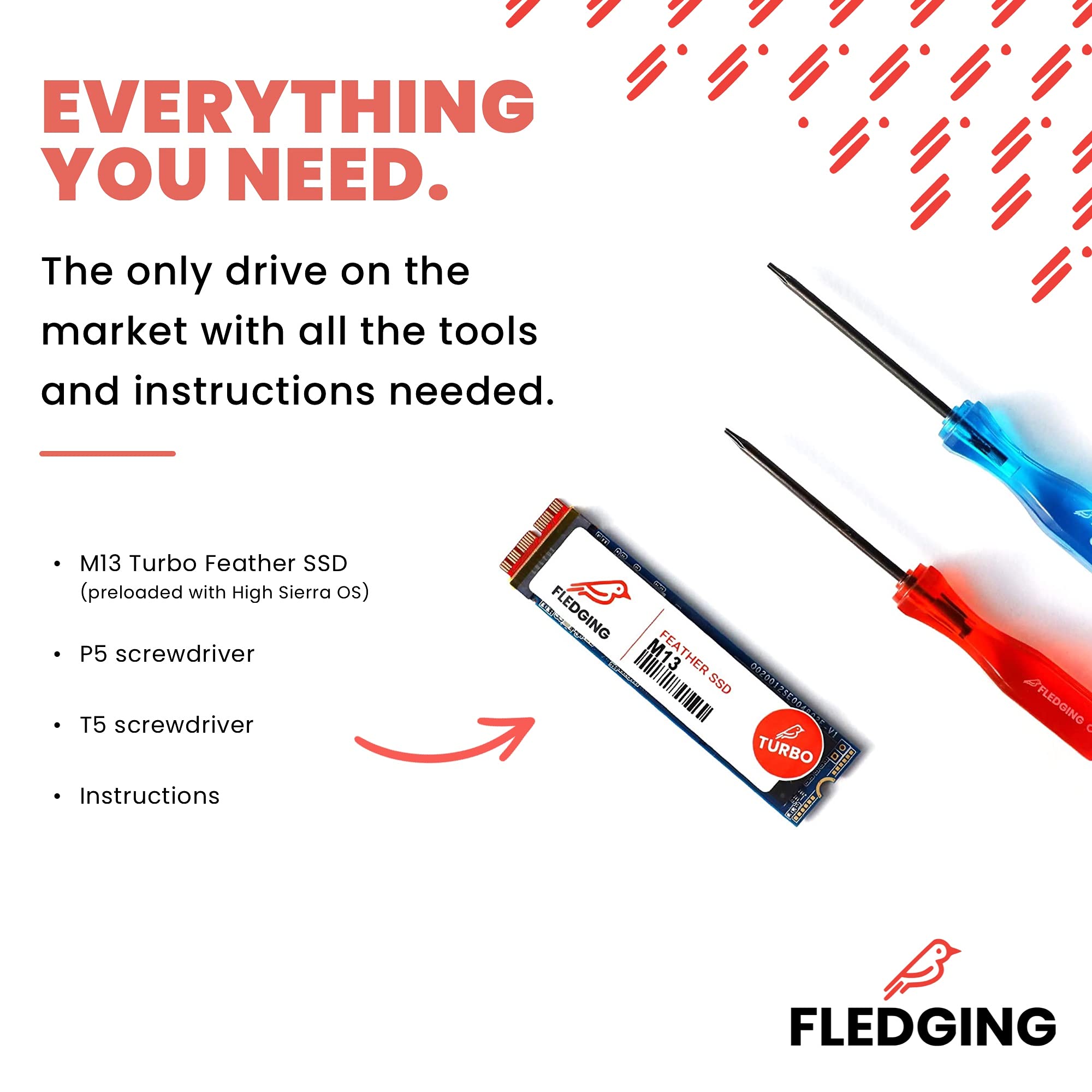 Fledging 512GB Turbo Feather M13 PCIe NVMe Gen 3.0x4 SSD Upgrade –DIY kit & OS included– Compatible with Apple MacBook Air (2013-2015) & Pro (2013-2016), Mac Mini (2013) & Pro (2014), iMac (2013-2019)