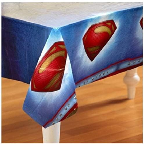 Superman Birthday Party Supplies Bundle includes Plates, Cups, Napkins, Table Cover, Invitations, Thank You Notes, Cape, Hanging Decoration, Centerpiece, Tattoo
