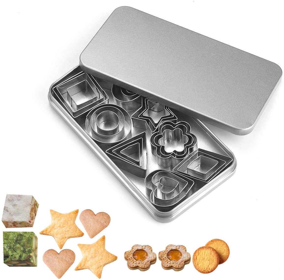 KSPOWWIN 27PCS Mini Cookie Cutters, Geometric Shapes Metal Cookie Biscuit Cutter Set, Star Flower Hexagon Round Heart Square Triangle Oval Stainless Steel Cutter for Baking