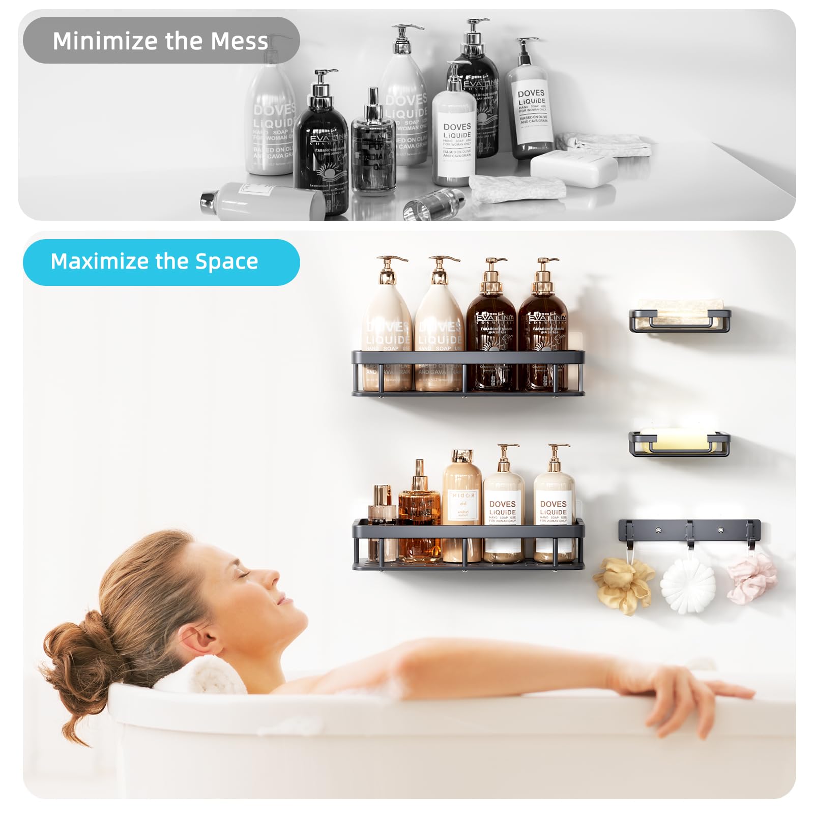 VIOY Shower Caddy-5 Pack Adhesive Shower Rack for Bathroom & Kitchen Organizers and Storage-No Drill and Strong Bearing Bathroom Shelves for Inside Shower, CZY200