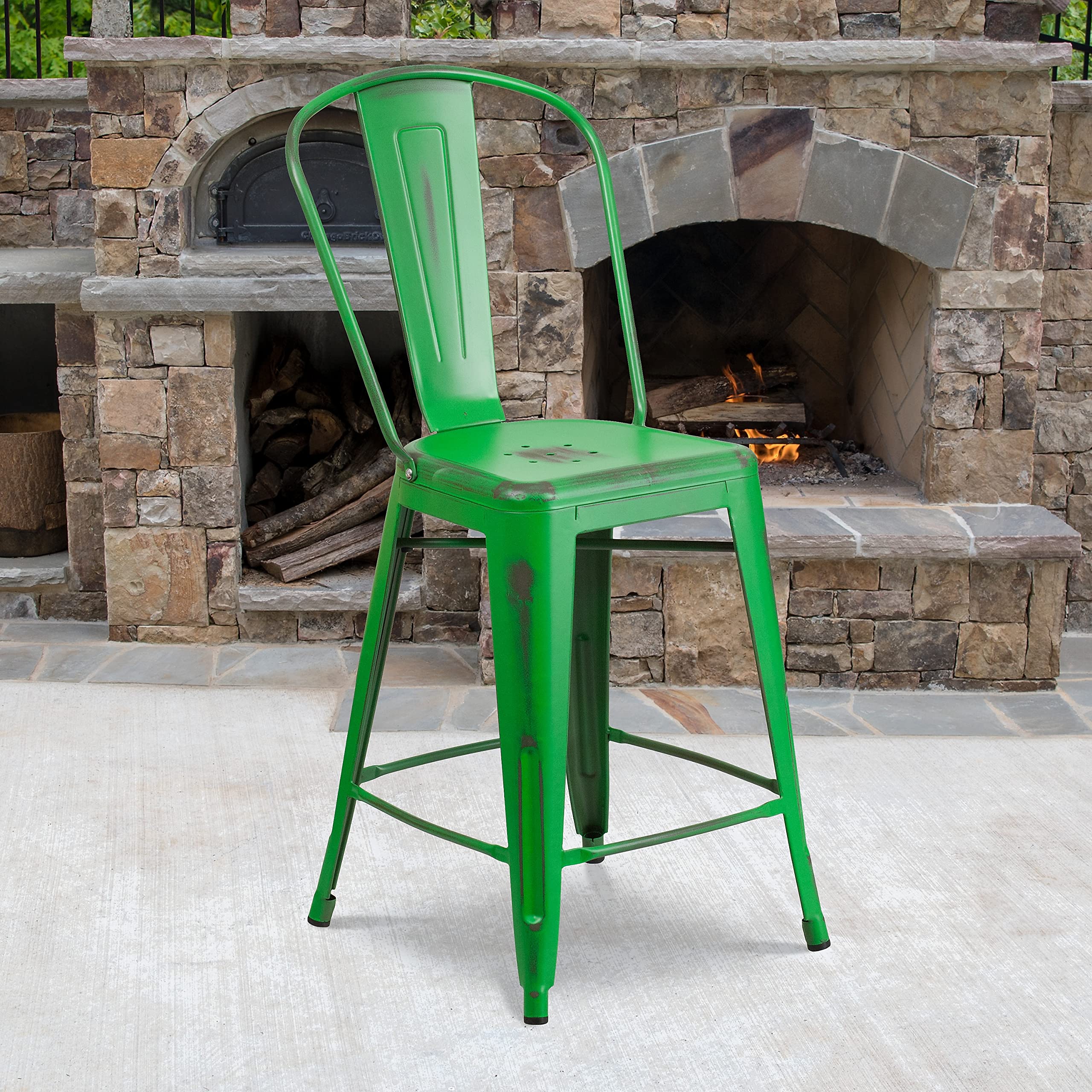 Flash Furniture Commercial Grade 24" High Green Metal Indoor-Outdoor Counter Height Stool with Removable Back