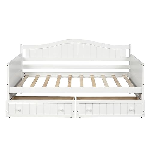 Sturdy Wood Twin Size Bed Frame Twin Wooden Daybed with 2 Drawers,?Sofa Bed for Bedroom Living Room,No Box Spring Needed,White