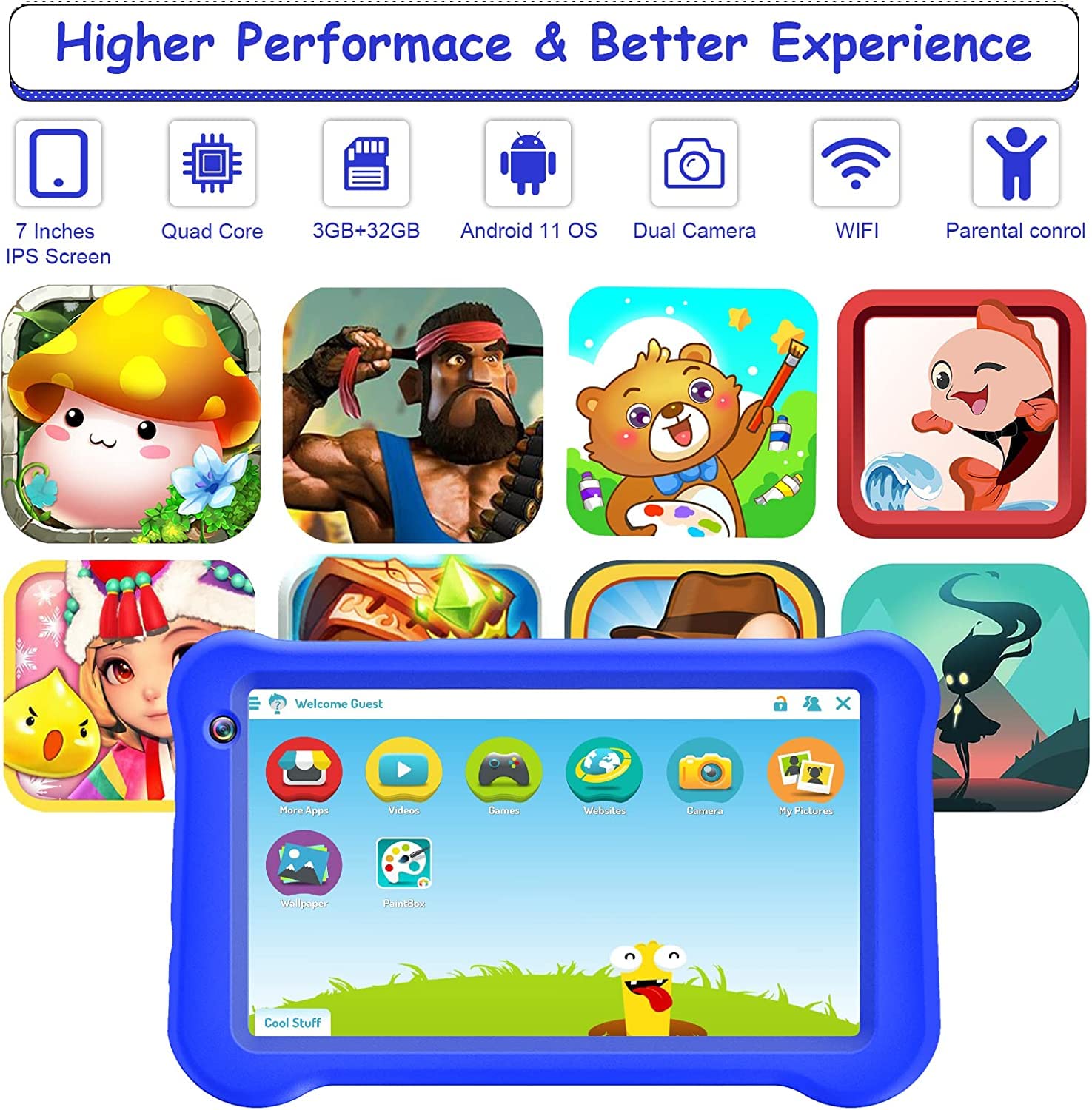 Kids Tablet, 7 Inch Android 11 Tablet for Kids, 32GB ROM 3GB RAM IPS Display Parental Control Toddler Children Tablet with Kids-Proof Case, Dark Blue