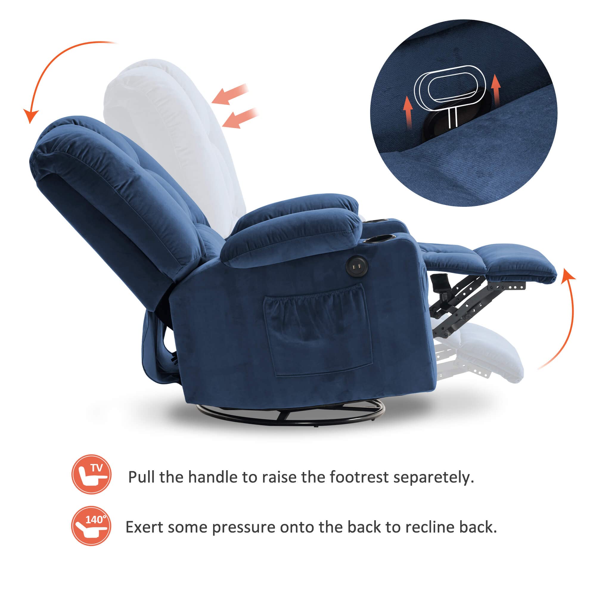 MCombo Manual Swivel Glider Rocker Recliner Chair with Heat and Massage, USB Ports, Cup Holders and Pockets, Fabric 6381 (Blue)